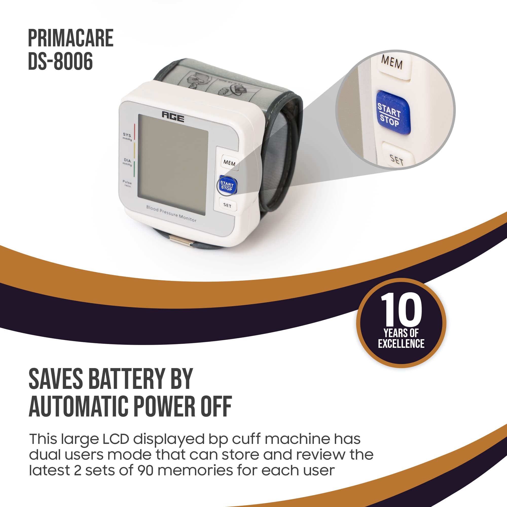 Primacare DS-8006 Wrist Blood Pressure Digital Heartbeat Monitor, BP Cuff Portable Plastic Case, Battery Operated, 2 Sets of 90 Memory