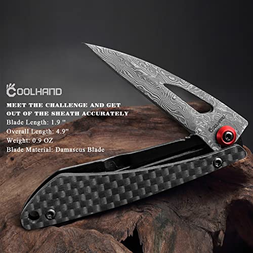 Cool Hand 3'' Super Light Folding Pocket Knife, Liner Lock, 2'' Damascus Blade with Carbon Fiber Scale