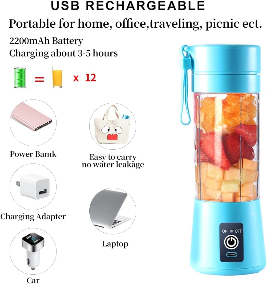 Portable Blender Mixer,Personal Juicer,Smoothies and Shakes Blender,HandCup Fruit Machine Blender 380 ML (Blue, Pink, Purple & Pink Color available) (Blue)