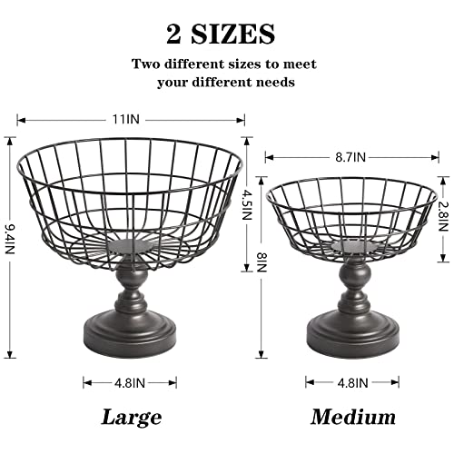 Black Fruit Basket for Kitchen, 2 Pack Metal Fruit Bowl for Kitchen Counter, Decorative Black Wire Baskets with Detachable Non-Slip Pedestal, Fruit Holder for Vegetable Bread Storage (11β & 8.7 β)