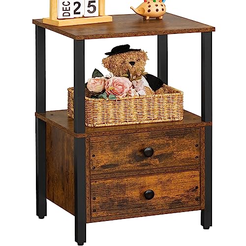 Lerliuo Nightstand, Brown Bedside Table, Small Night Stand with 2 Drawers and Open Shelf, Wood End Table with Storage, Vintage Nightstands, Side Table for Bedroom, Living Room, Dorm - Retro Brown