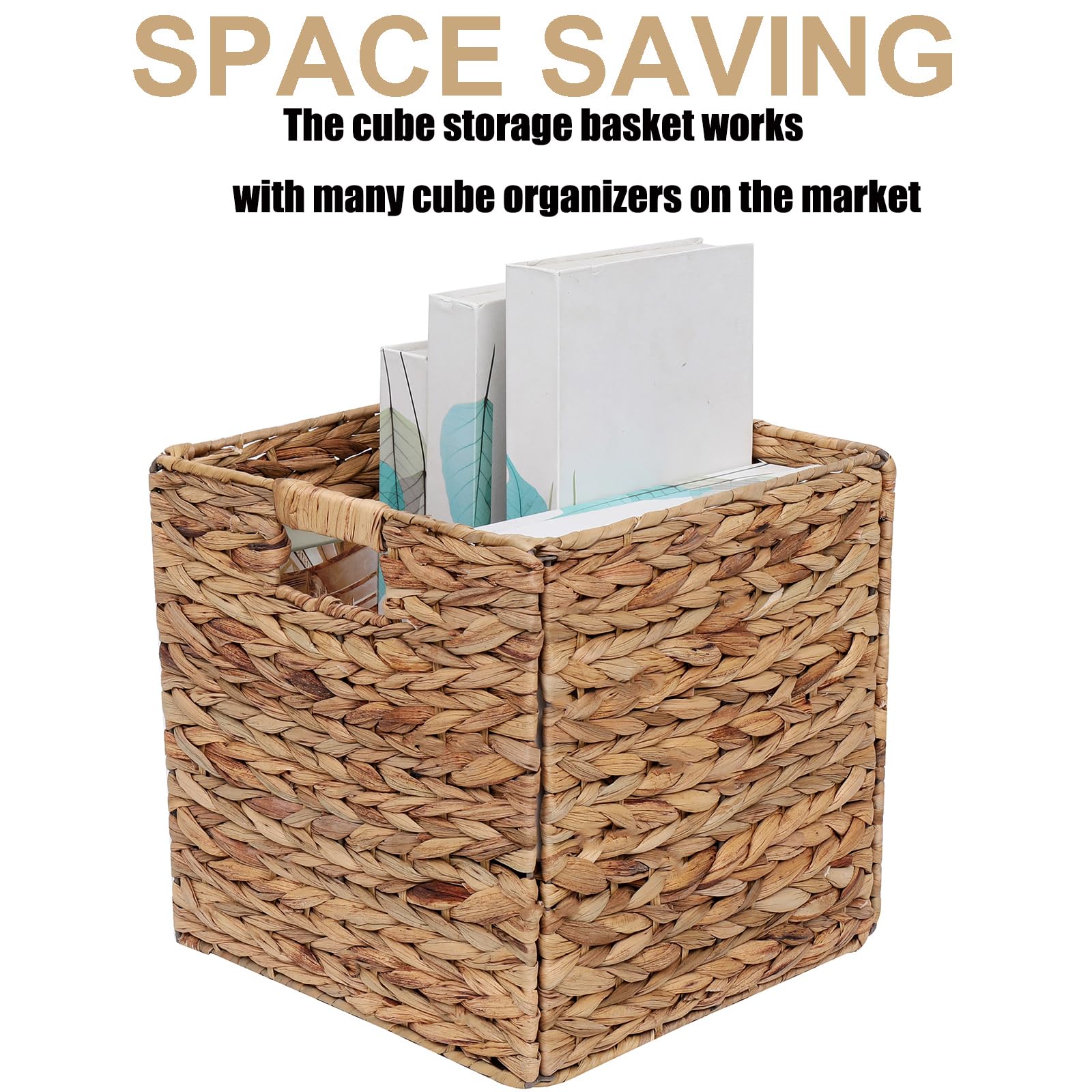 Wicker Storage Basket Water Hyacinth Woven Basket Wicker Storage Cubes,Foldable Baskets for Shelves,Handwoven Laundry Totes for Bedroom,12x12x12inch,Set of 2