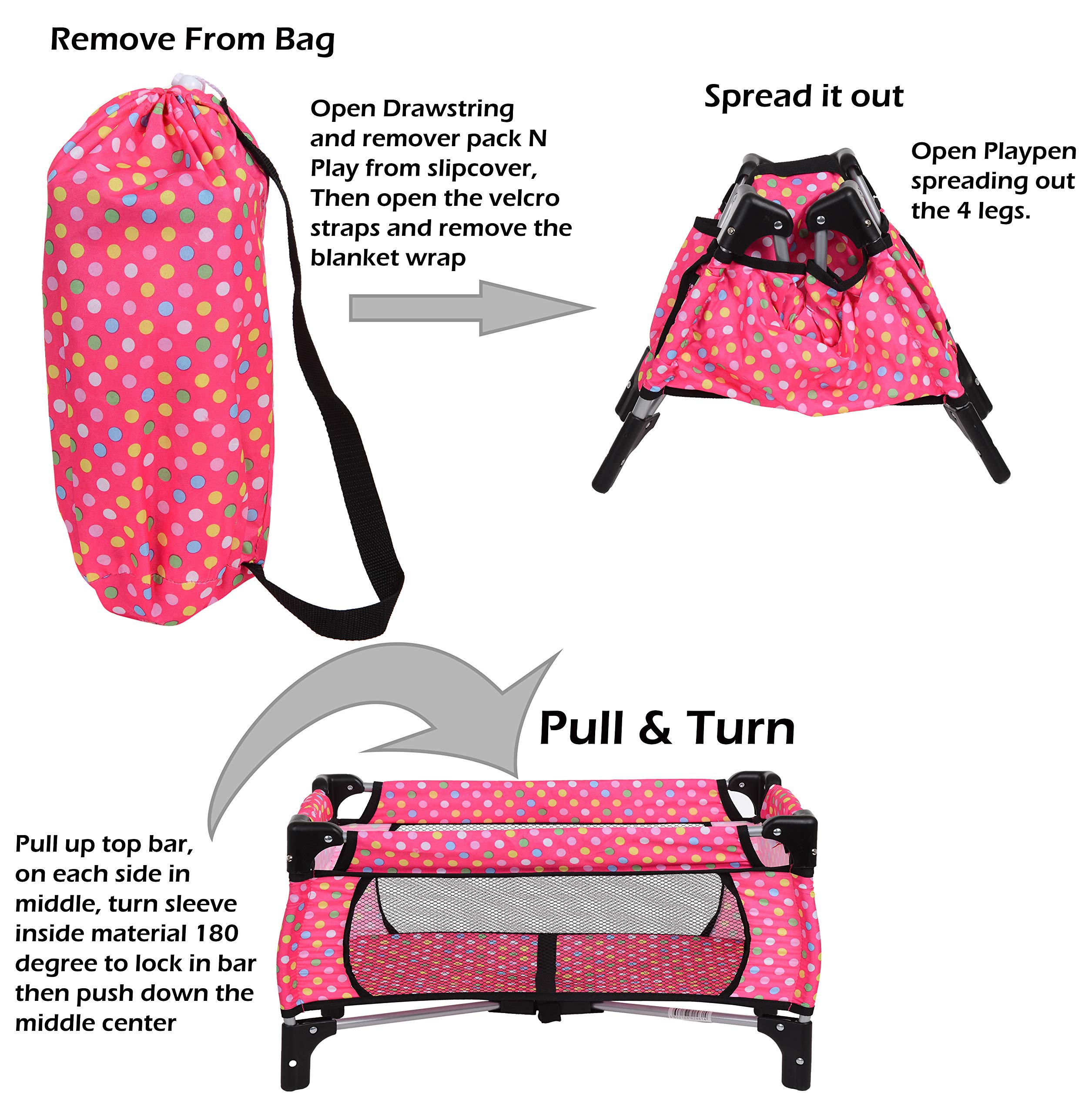 fash n kolor 4 Piece Doll Play Set, includes - 1 Pack N Play. 2 Doll Stroller 3.Doll High Chair. 4.Infant Seat, Fits Up to 18'' Doll (4 Piece Set)