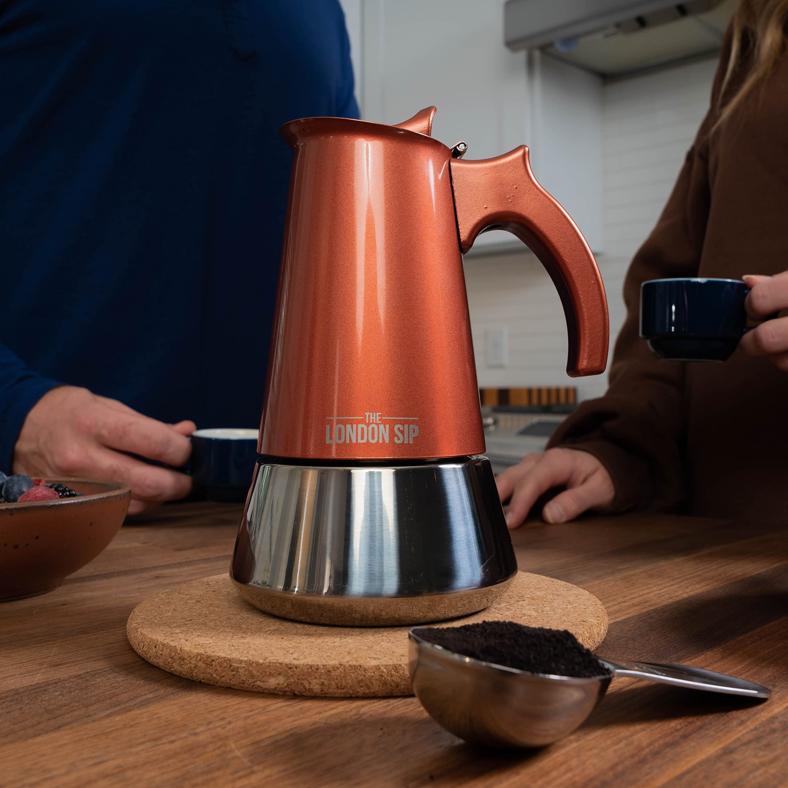 London Sip Stainless Steel Stove-Top Espresso Maker Coffee Pot Italian Moka Percolator, Copper, 6 Cup