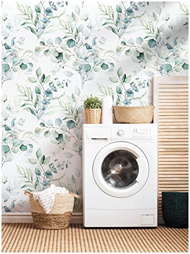 HAOKHOME 93042 Peel and Stick Wallpaper Green/White Eucalyptus Leaf Floral Wall Mural Home Nursery Boho Decor 17.7in x 9.8ft