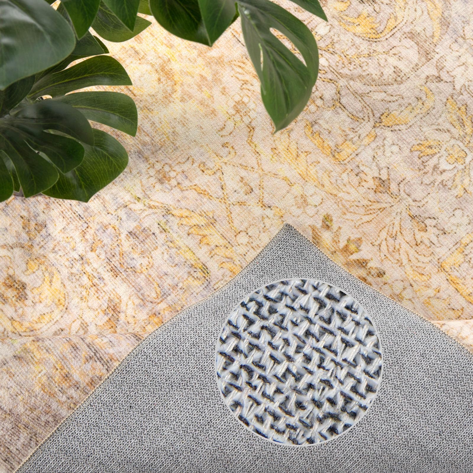 Rofee Living Washable Hallway Runner Rug 2'6"x8,Beige Yellow and Brown Distressed Boho Kitchen Runner, Vintage Non-Slip Non-Shedding Stain Resistant Rugs for Laundry Entrance