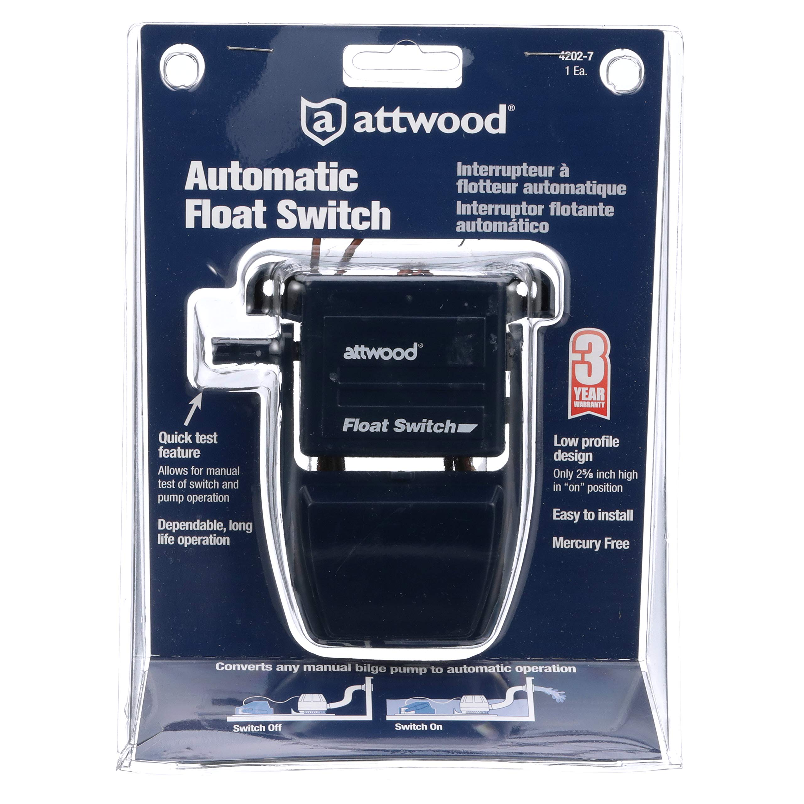 Attwood 4202-7 Float Switch, For Bilge Pump, 12- and 24-V CE rated, 36-Inch Wire, 4 ¼ Inches L x 3 7/8 Inches W x 1 3/8 Inches H