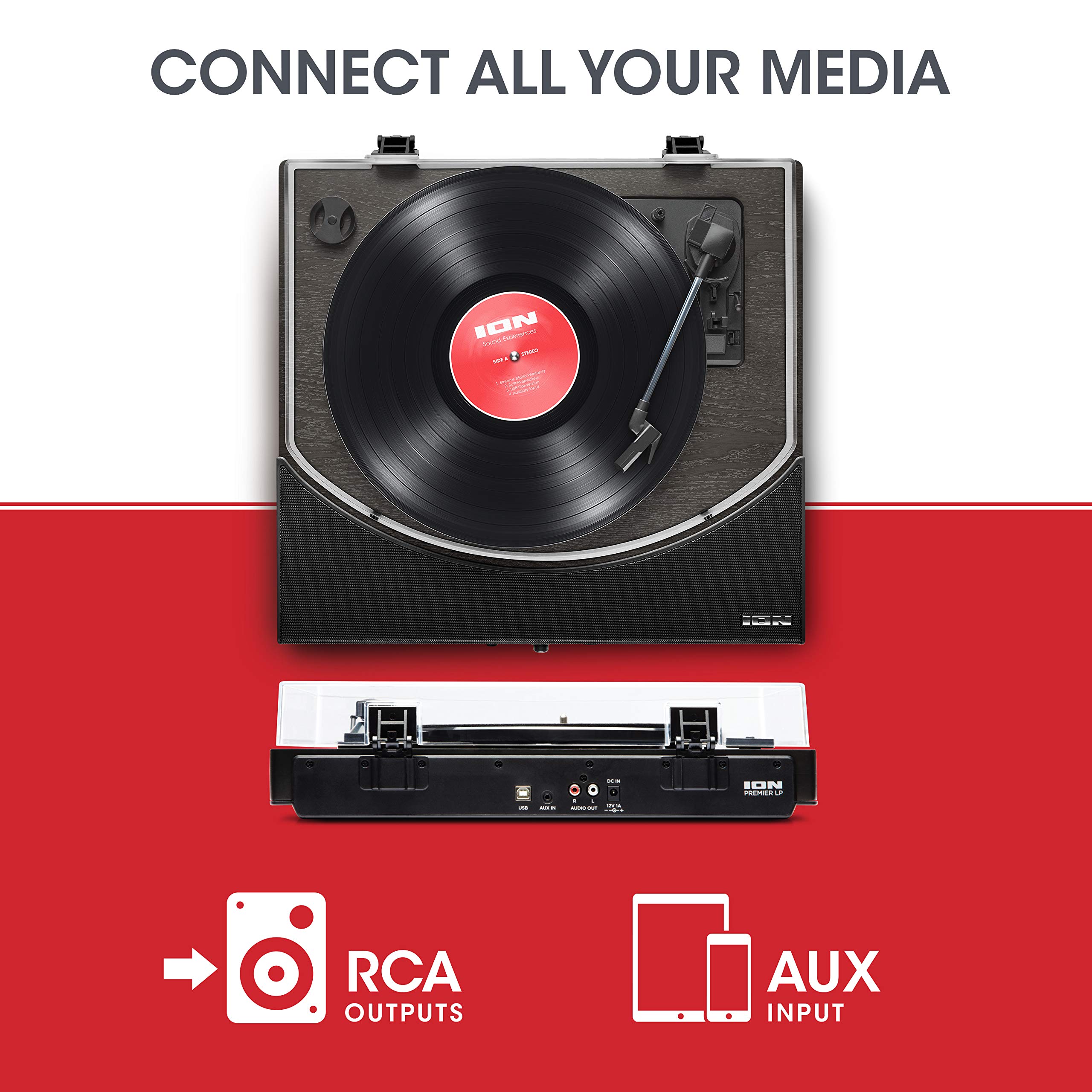 ION Audio Premier LP | Wireless Bluetooth Turntable / Vinyl Record Player with Speakers, USB Conversion, RCA and Headphone Outputs – Black Finish