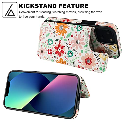 HAOPINSH for iPhone 13 Mini Case Wallet with Card Holder, Daisy Florals Pattern Back Flip Folio PU Leather Kickstand Card Slots Case for Women Girls, Double Magnetic Clasp Shockproof Cover 5.4"