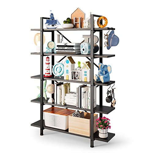 Gizoon 5 Tier Bookshelves for Storage, Industrial Tall Wood Bookshelf with 4 Hooks, Metal Frame Display Shelves for Bedroom, Living Room, Kitchen, Black