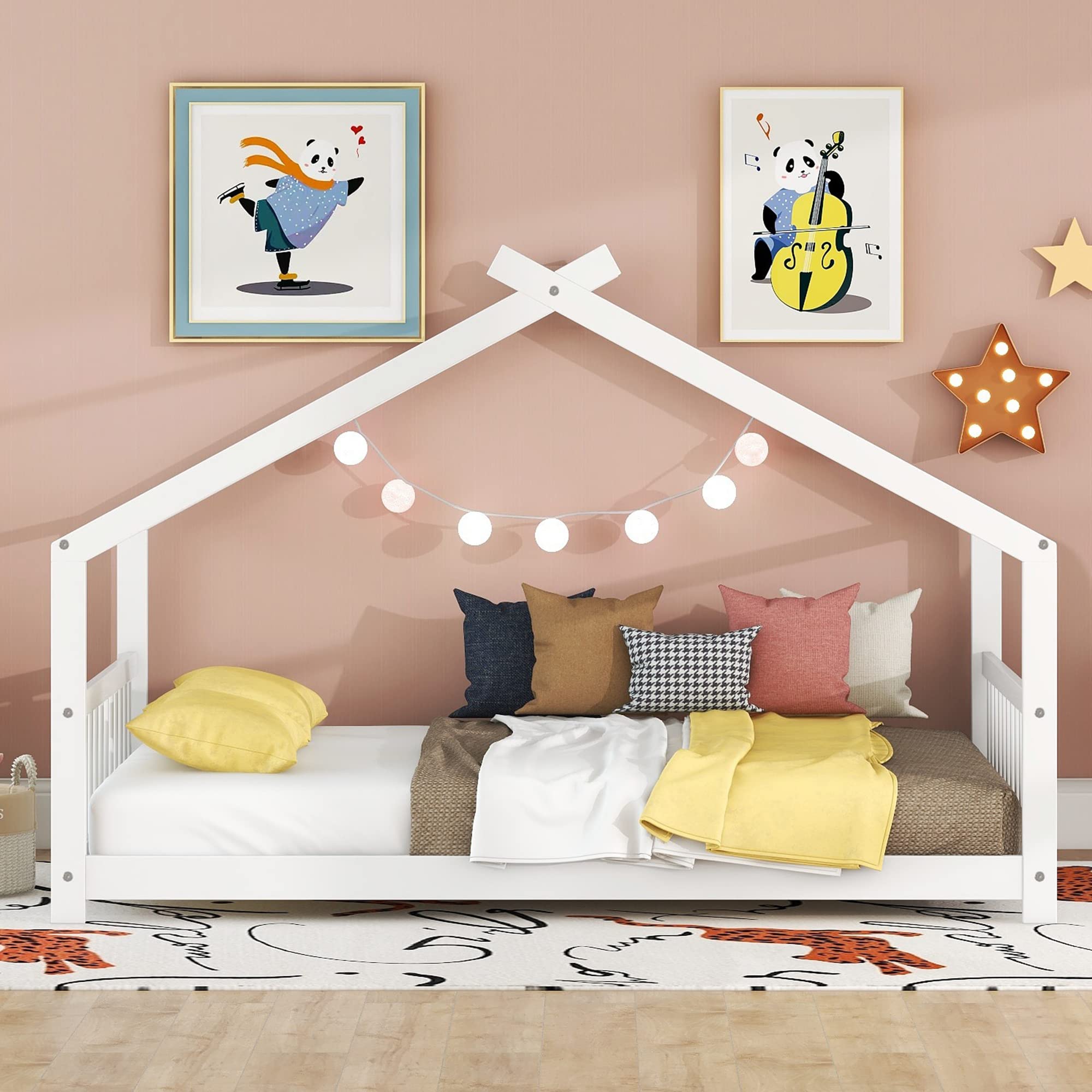 Full House Beds White Montessori Bed Wood Frame Kids Platform Bed with Headboard & Footboard for Children Boys Girls Teens