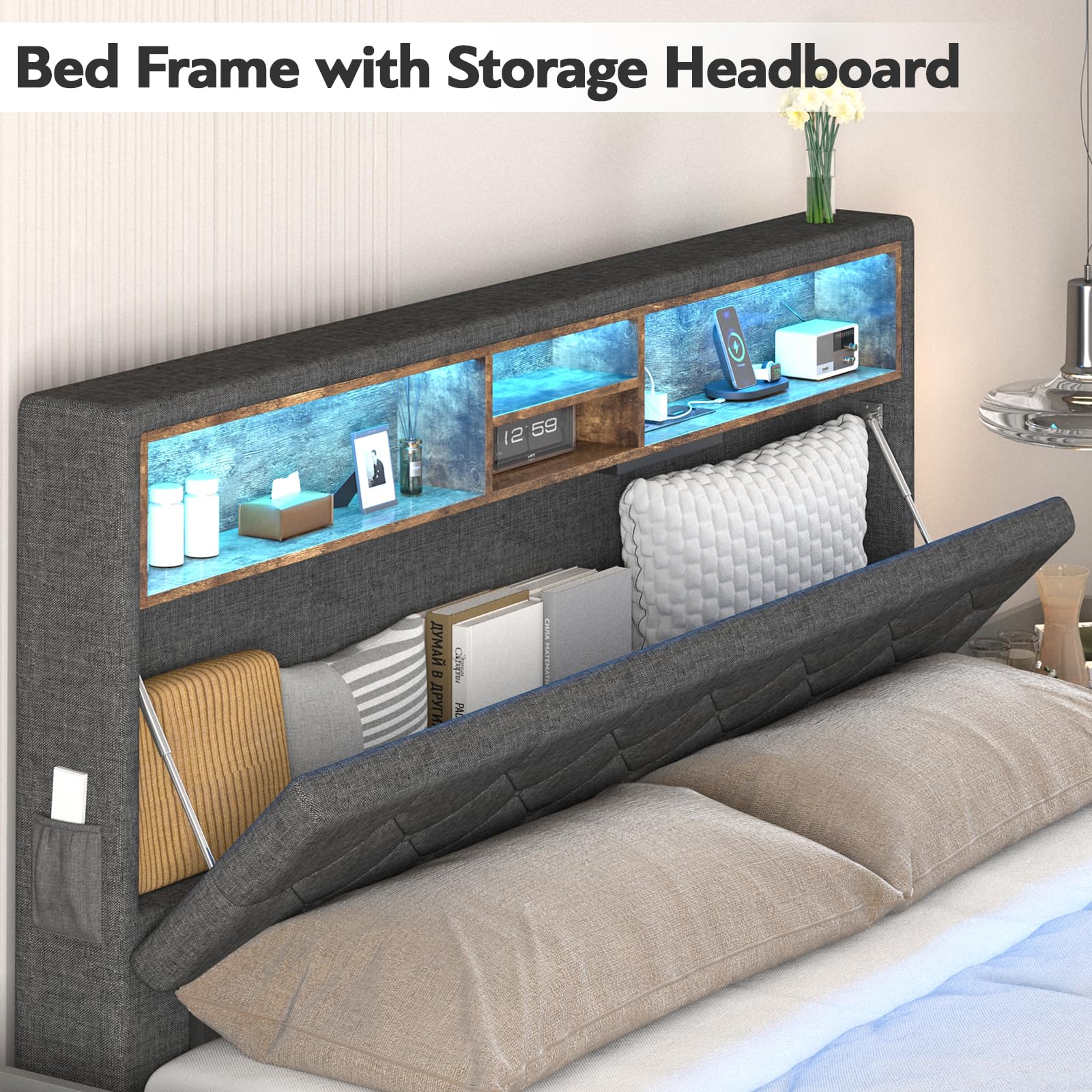 CIKUNASI LED Bed Frame Queen Size with Headboard, Queen Platform Bed Frames with Storage Drawers and Charging Station, Upholstered Bedframe with Lights Shelves, No Box Spring Needed, Dark Grey…