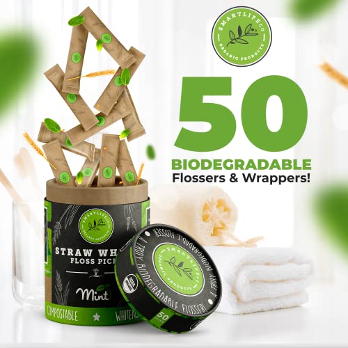 Individually Wrapped Dental Floss Picks - Biodegradable Plastic Free Flosser Handle & Packaging | Natural Toothpick Stick Soft On Gums & Teeth | Eco Friendly, Zero Waste, Organic Flossers | Mint, 50x