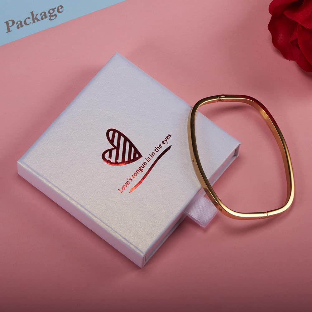 Bangle Bracelets for Women, Stainless Steel Glossy Rounded Rectangle Bangles with Rhinestones, Women's Silver Gold and Rose Gold Bangle Set (Gold), Middle