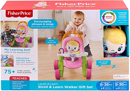 Fisher-Price Laugh & Learn Stroll & Learn Walker Gift Set, Musical Baby Walking Toy and Soft Doll for Infants Ages 9 Months and Older