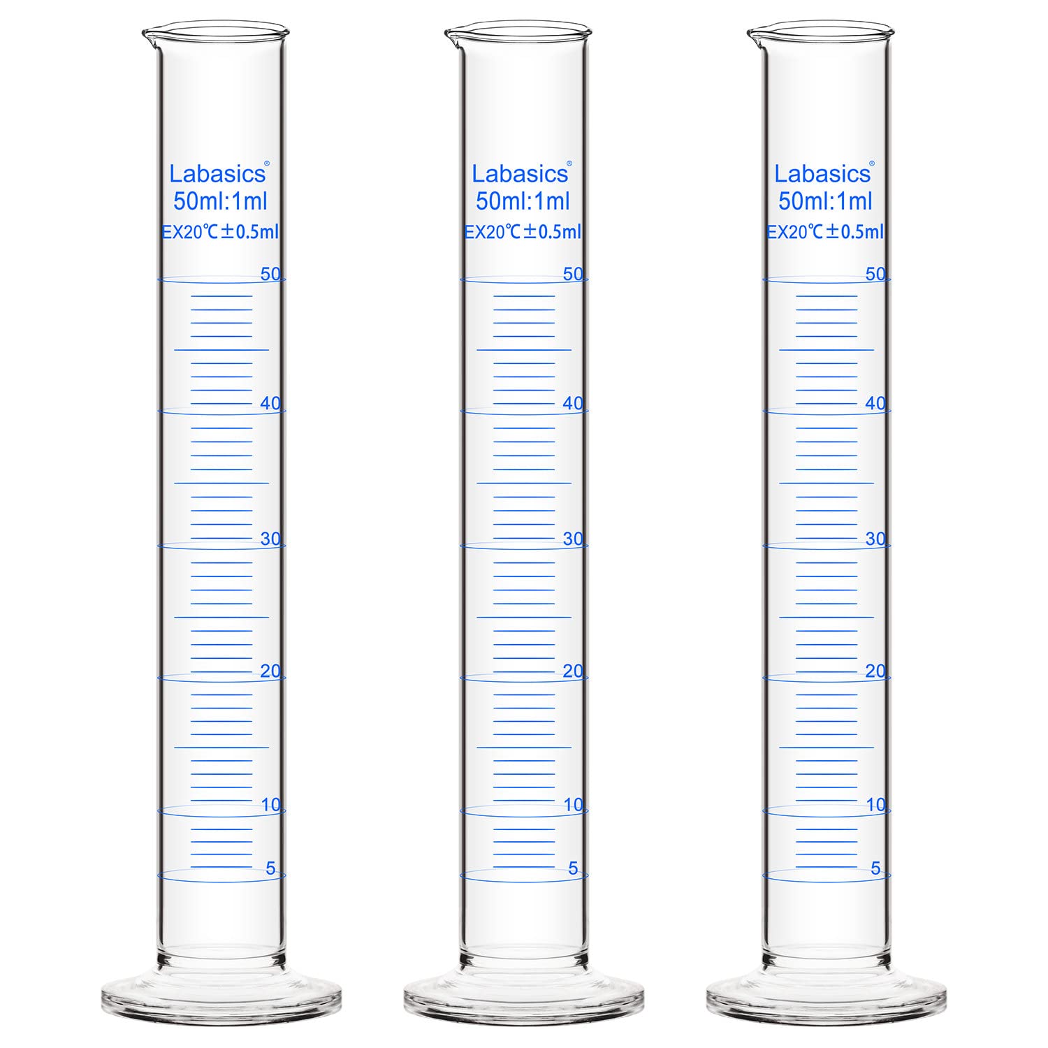 Labasics 3-Pack Borosilicate Glass 50 ml Heavy Wall Graduated Cylinder Measuring Cylinder