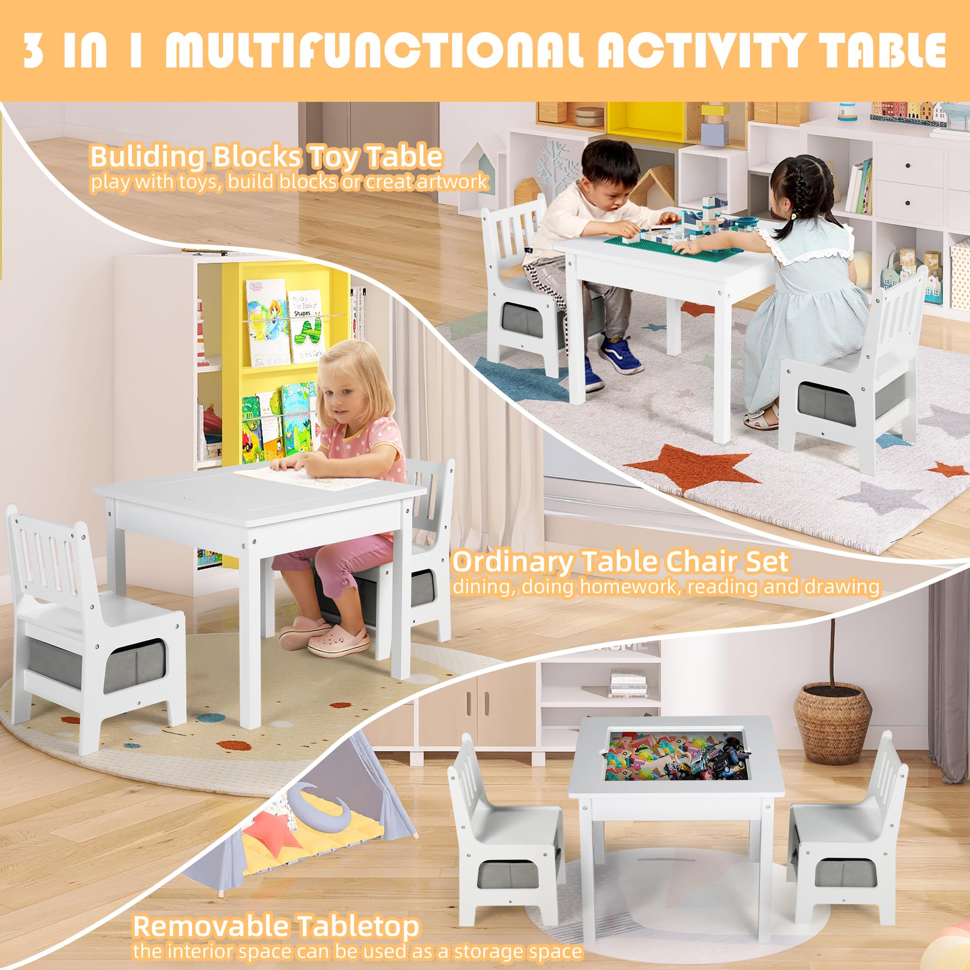 Kinder King Kids Wood Table & 2 Chairs Set, 3 in 1 Kids Construction Play Table, Toddler Activity Table w/Storage Space, Building Block Table for Child Art, Crafts, Reading, Playing, Grey