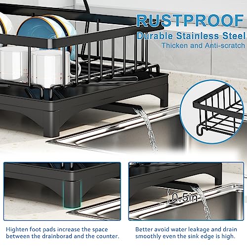 Dish Drying Rack Large Dish Rack, 2 Tier Dish Racks for Kitchen Counter, Extra Roll-Up Kitchen Sink Drying Rack, Rustproof Stainless Steel Dish Drainer with Drainboard Set Utensil Holder Cup Rack