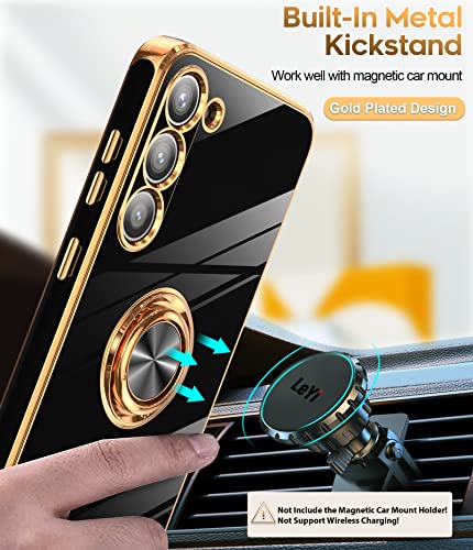 LeYi for Samsung Galaxy S23 Case 360° Rotatable Ring Holder Magnetic Kickstand, Plating Rose Gold Edge Protective Case, Black