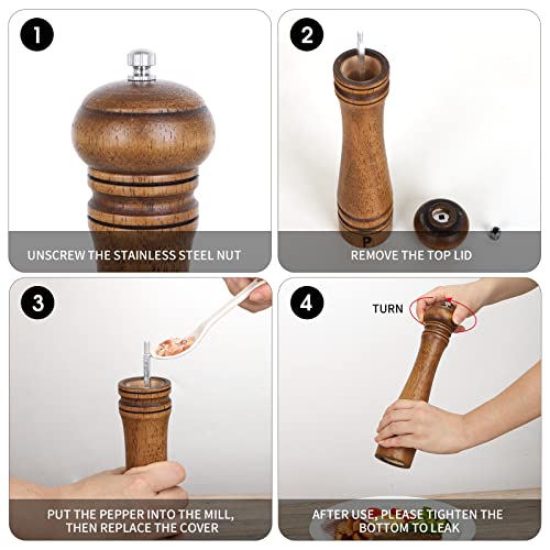 Pack of 2 Wood Pepper Grinder Set, 10 Inch Salt Mill And Pepper Grinder Set, Pepper Mill, Salt Shakers with Adjustable Ceramic Rotor - Oak Wood Pepper Grinder And Salt Mill for Your Kitchen