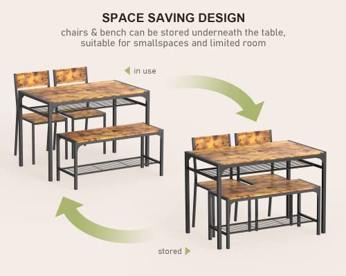 Gizoon Kitchen Table and 2 Chairs for 4 with Bench, 4 Piece Dining Table Set for Small Space, Apartment (Rustic Brown)