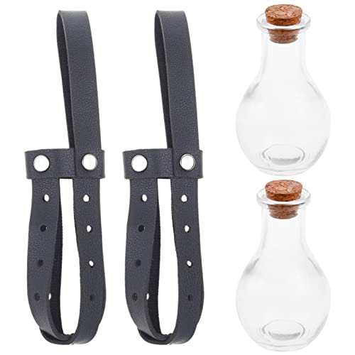 Eco-Fused Small Cosplay Potion Bottle 2x - Clear Spherical Cosplay, Wizard, Witch Costume Accessory - Incl. Cork Stopper, Black Faux Leather Sleeve Holder, Belt Loop