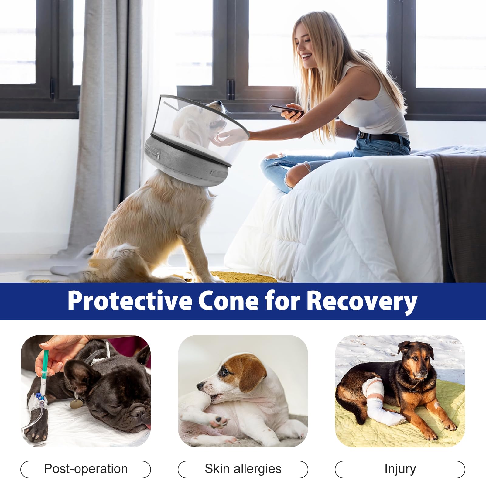 BARKLESS Inflatable Dog Cone Collar, Soft Dog Donut Collar After Surgery, 2-in-1 Dog Cone Alternative with Detachable Anti-Licking Shield, Soft Cone for Dogs Does Not Block Vision
