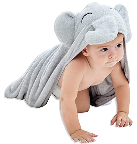 HIPHOP PANDA Bamboo Baby Washcloths, 6 Pack and Baby Hooded Towel, Grey Elephant, 30 x 30 Inch