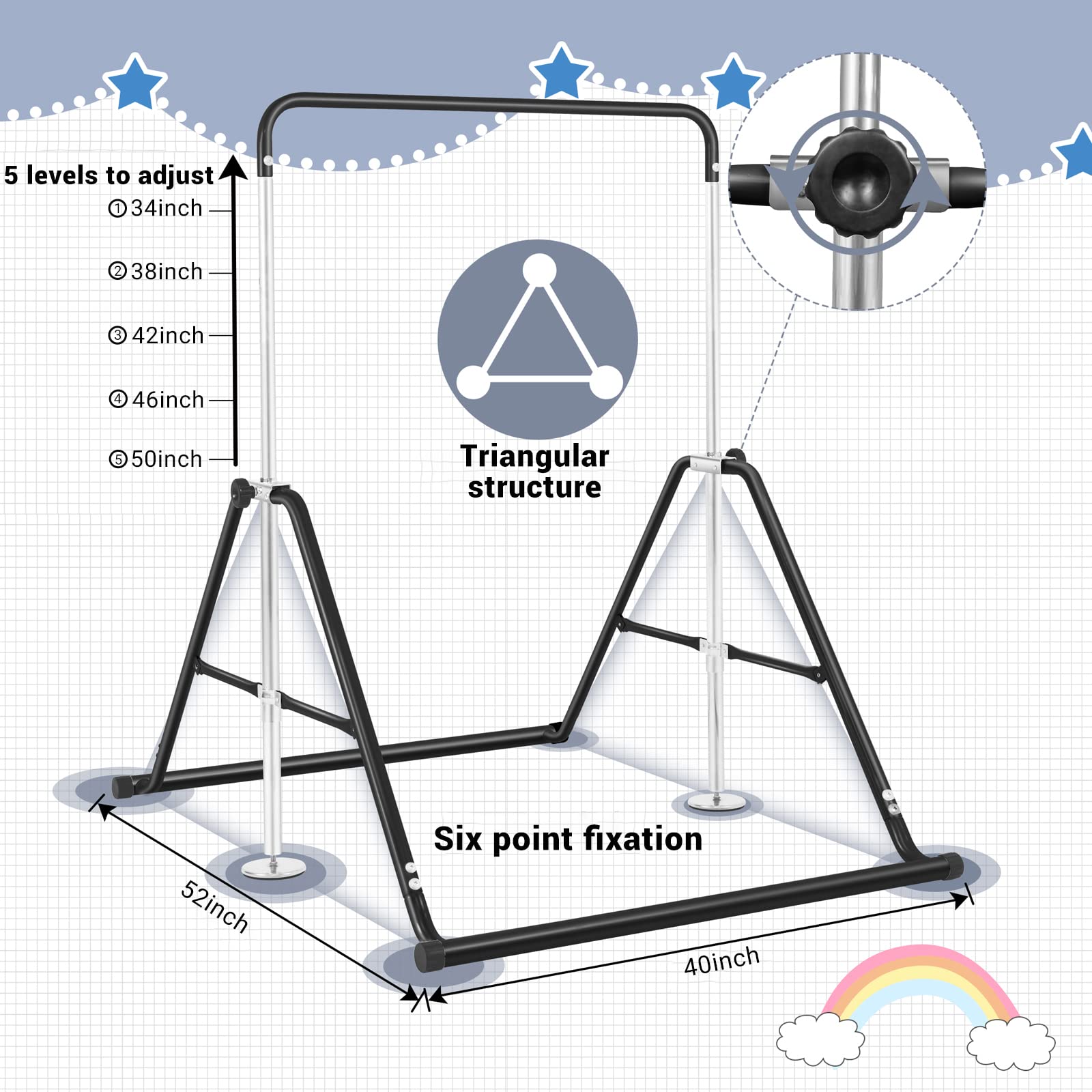 BangTong&Li Gymnastics Bar for Kids Height Adjustable Horizontal Bar Folding Gymnastics Junior Training Bar for Home Gymnastics Equipment (Black)