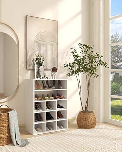 HAIOOU Shoe Cubby, 9-Cube Stackable Wood Shoe Rack Organizer 5-Tier Freestanding Wooden Shoe Stand with 2 Storage Shelf for 10-15 Pairs, Ideal for Apartment, Entryway, Closet Organization - White