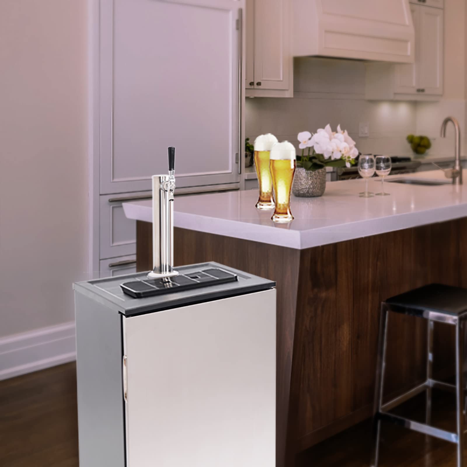 BHTOP Kegerator, Draft Beer Dispenser, Stainless Steel Beverage Cooler,Mounted CO2 Cylinder, Temperature Control, Drip Tray & Rail | Fits 1/6 Kegs