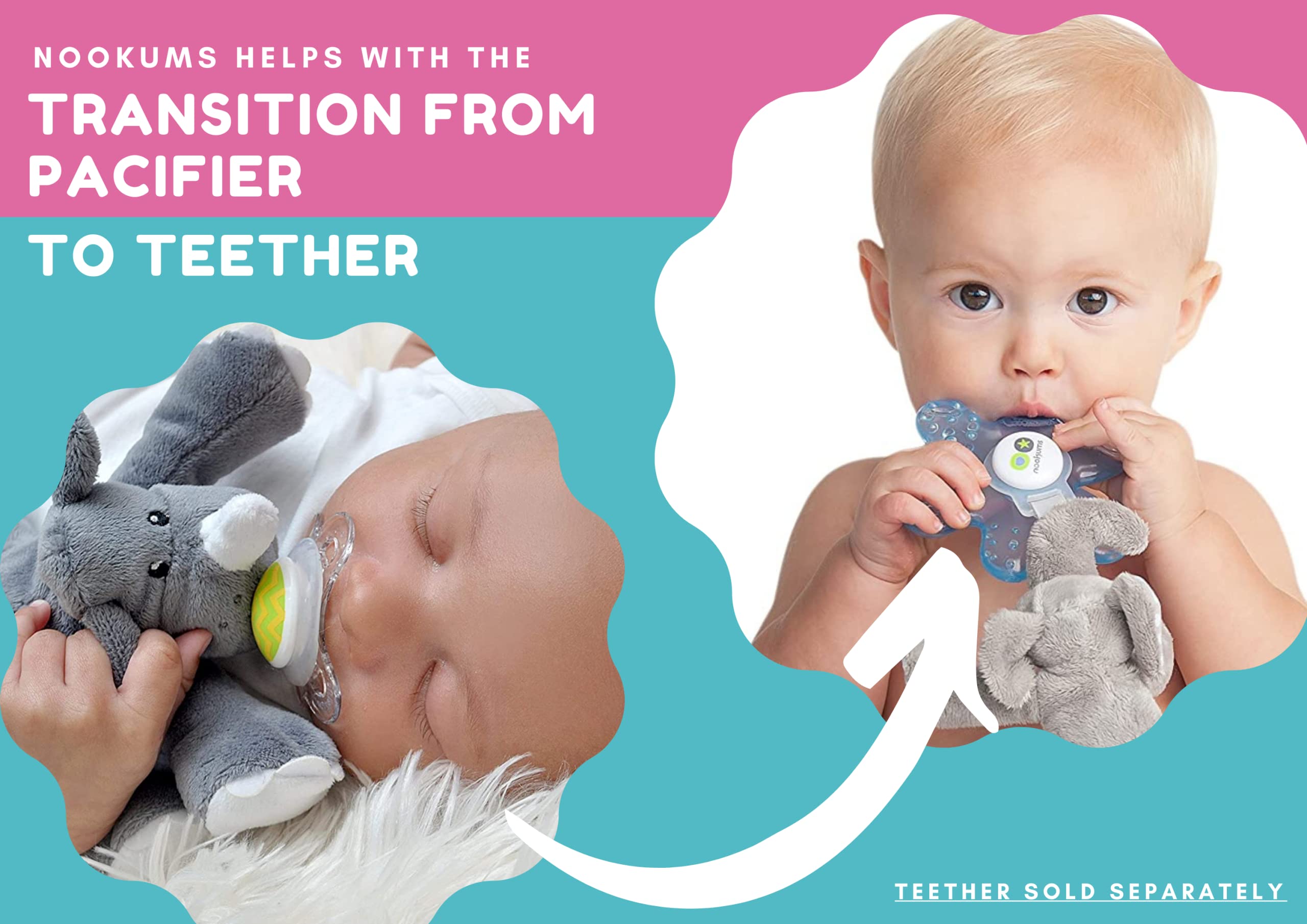 Nookums Paci-Plushies Buddies Adapts to Most Name Brand Pacifiers, Safe and Suitable for All Ages, Plush Toy Includes Detachable Pacifier (Ella The Elephant)