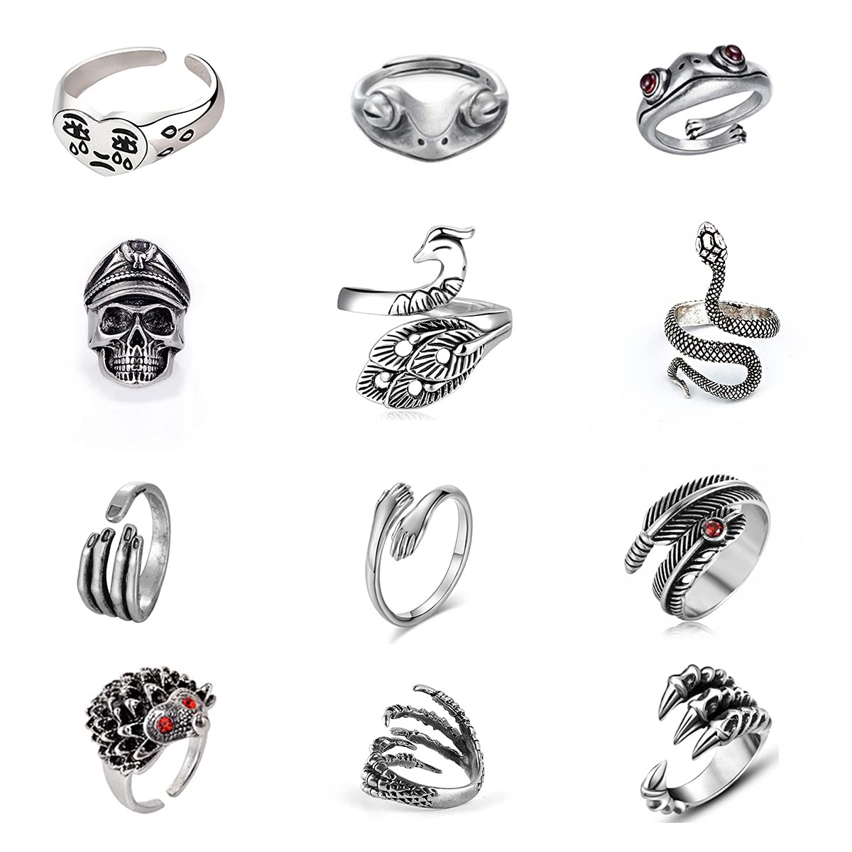 ASHMITA 12 PCS Silver Frog Ring Set Cute Animal Adjustable Rings Vintage Pairing Ring Snake, Hug, Lucky Face Eagle Claw Ring Gifts for Women Men
