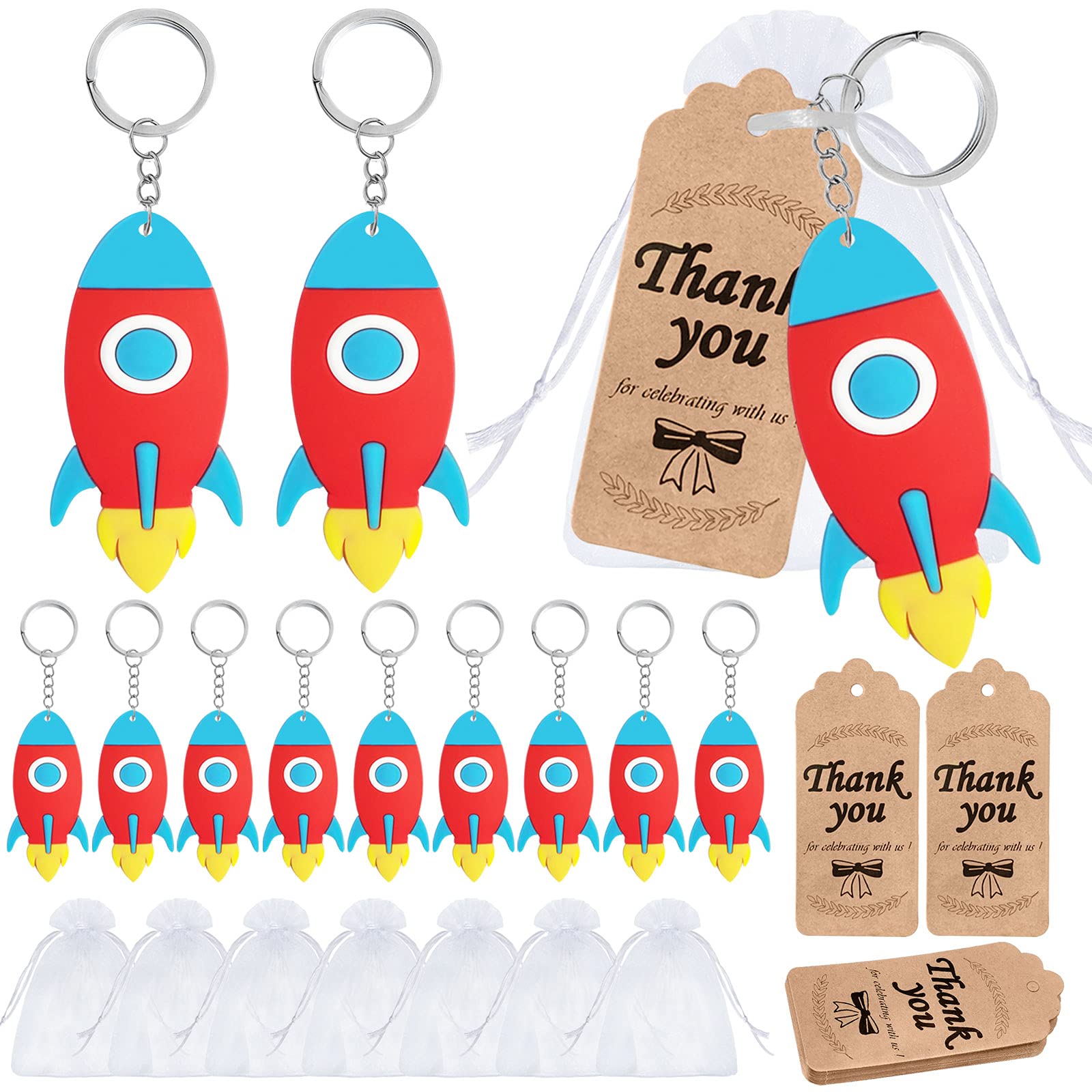 Elecrainbow 72 Pack Rocket Party Decorations, Rocket Keychain Guest Return Gift Include 24 Rocket Keychains + 24 Thank You Kraft Tags + 24 White Organza Bags for Baby Shower, Birthday, Wedding