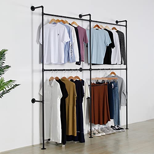 EDCB 94in Wall Mounted Industrial Pipe Clothing Rack, Heavy Duty Closet Clothes Rod, Multi-Purpose Hanging Rod for Closet StorageClothes Rack, Black
