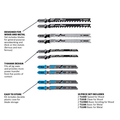 BOSCH T5002 T-Shank Multi-Purpose Jigsaw Blades, 10 Piece, Assorted, Jig Saw Blade Set for Cutting Wood and Metal