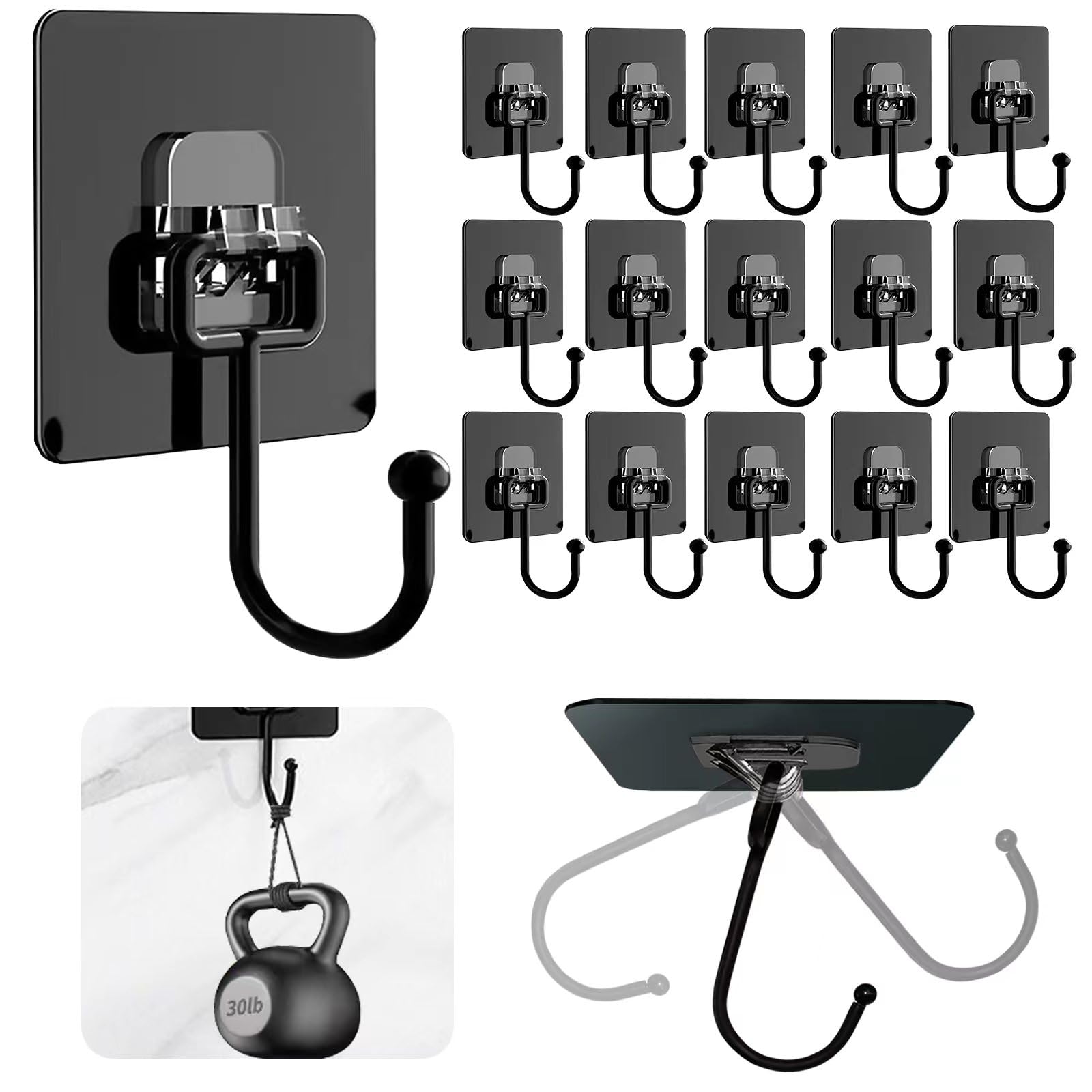 Dealsgogo 15-Pack of Large Adhesive Hooks - Waterproof and Rustproof Black Hooks - 30lb (Max) Capacity - Ideal for Bathroom, Kitchen, Home - Easy to Install on Walls, Ceilings, and Windows