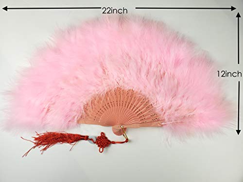 HAPPY FEATHER Handheld Marabou Feather Fan, 1920s Vintage Style Flapper Hand Fan for Costume Party and Dancing-Light Pink
