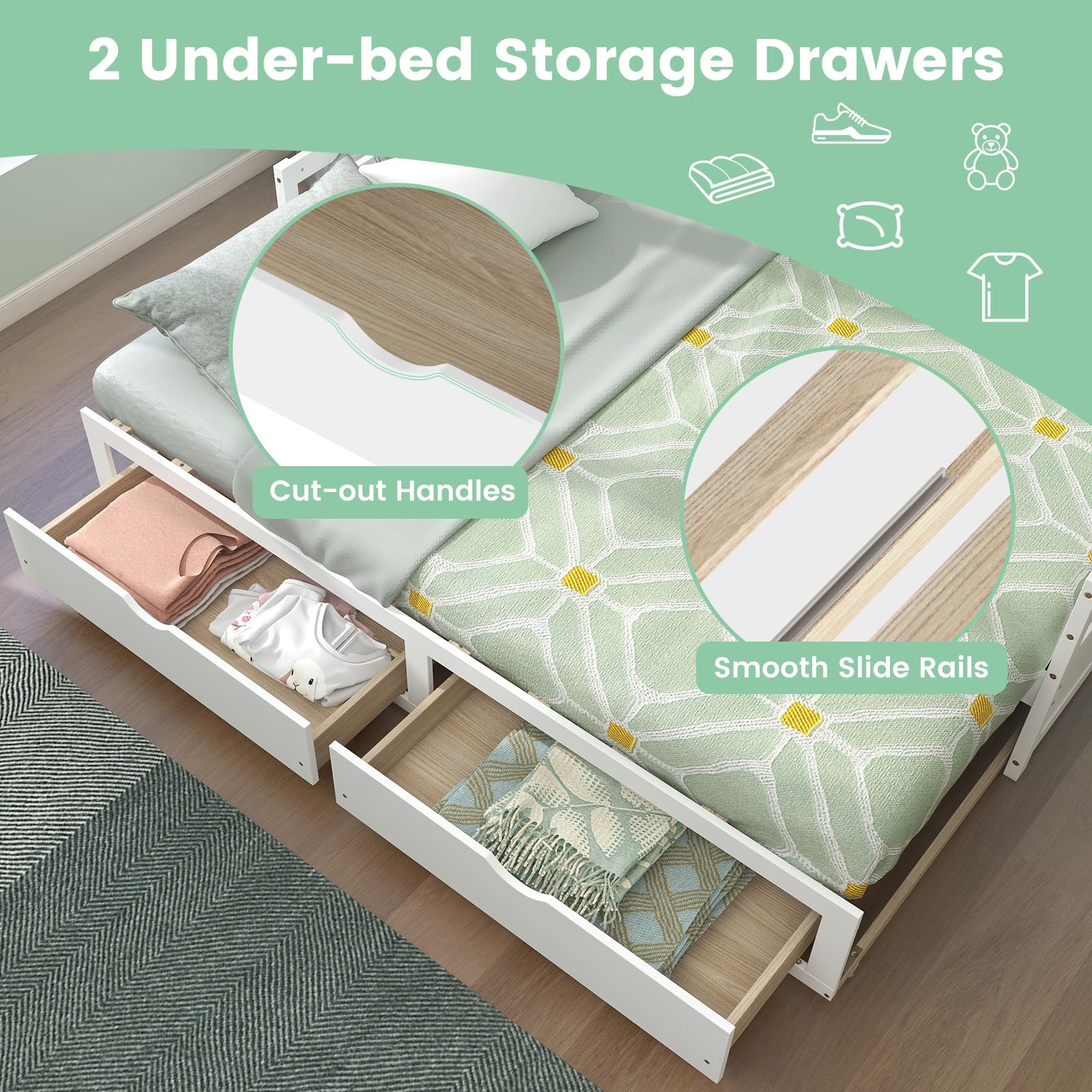 KOMFOTT Wood Daybed with Trundle, Extendable Twin to King Daybed Frame with 2 Storage Drawers, Space Saving Dual-use Sofa Daybed for Bedroom, Guest Room, No Box Spring Required (White)
