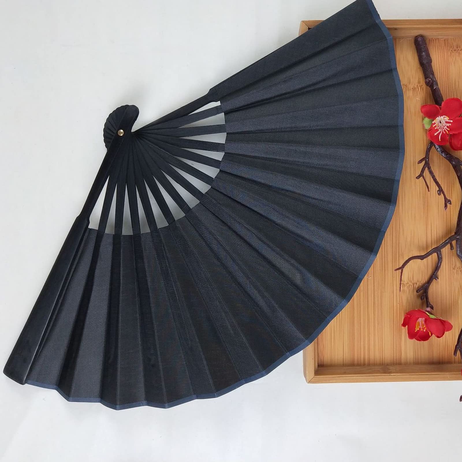 Black Handheld Folding Fan, 10in Cloth & Wooden Handle - Elegant Chinese Foldable Fans for Women for Festival, Decoration & Performance, Durable & Stylish