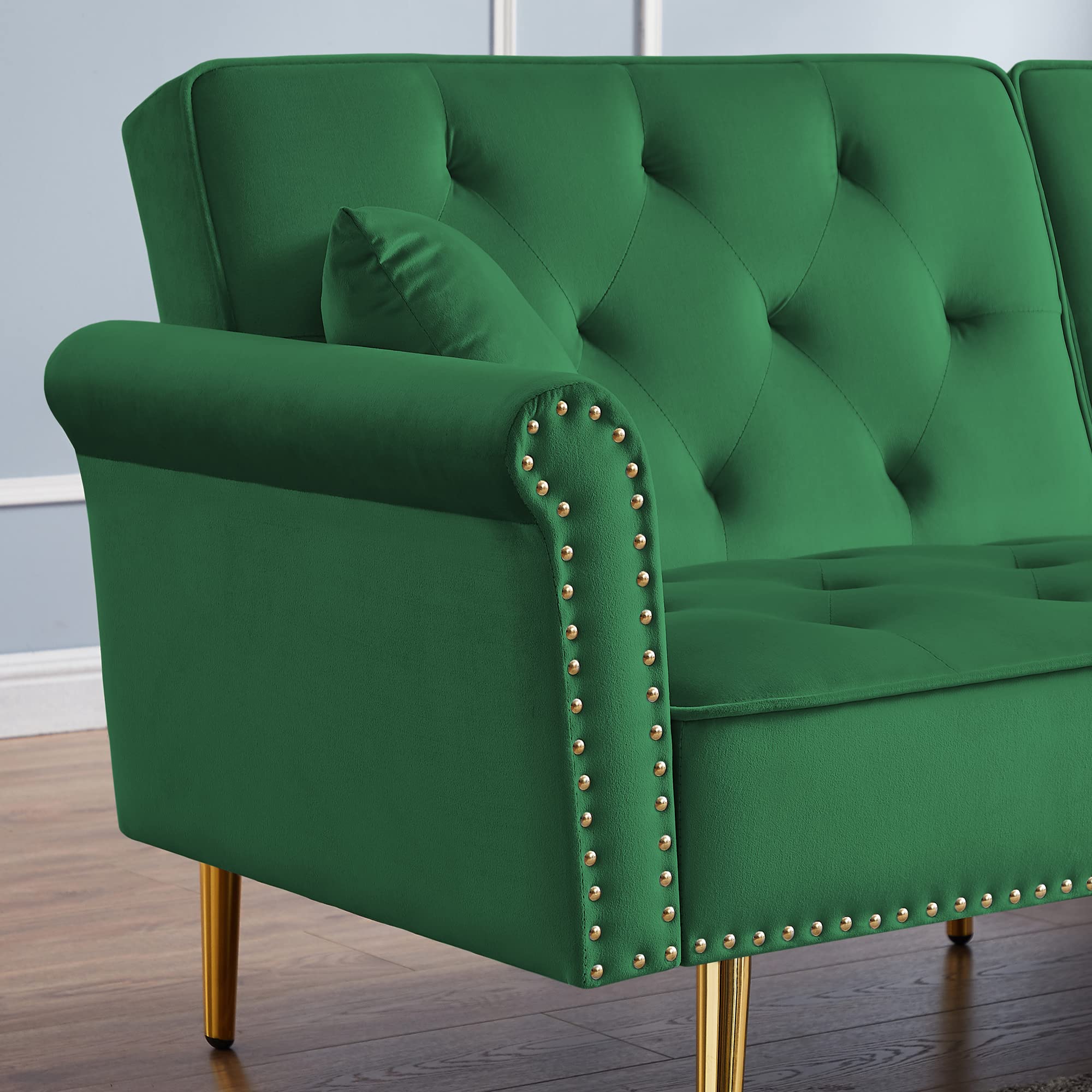 Kakotito Tufted Velvet Sofa Bed Sleeper with 2 Pillows, Luxury Loveseat Couch, Splitback Futon for Living Room & Office, Convertible Futon with Vintage Nailhead Trim and Metal Legs (Green)