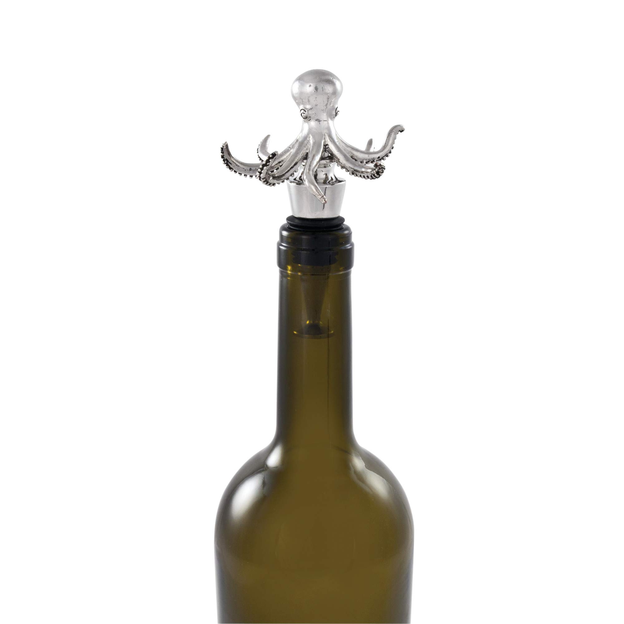 Twine Octopus Wine Bottle Stopper, Keep Wine Fresh, Fits Standard Bottles, Metal, Rubber Seal, Silver, Set of 1