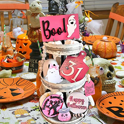 Happy Halloween Tiered Tray Decoration Set, Cute Trick-or-Treat Ghosts Wooden Signs Decor, for Kitchen Home Table Mini Decor Holiday Party Supplies Rustic Farmhouse Tray Sets (D)