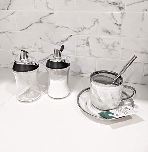 J&M Design Sugar Dispenser Shaker w/Pour Spout For Coffee Bar Accessories, Tea Organizer Station Essentials, Coffee Gifts & Kitchen Baking w/Easy Spoon Pouring Lid - 7.5oz Glass Jar Container Bowl