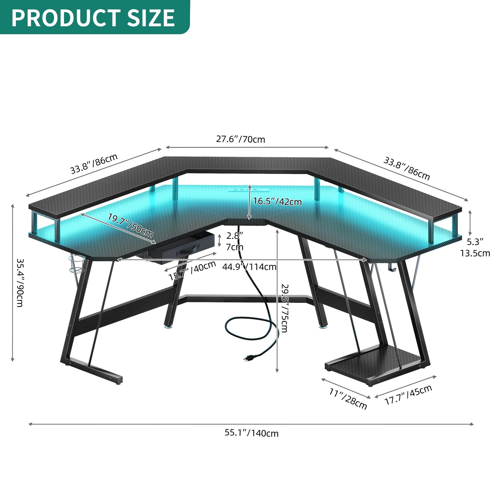 YITAHOME L Shaped Gaming Desk with LED Lights & Power Outlets, 55" Computer Desk with Drawer & Monitor Stand & Carbon Fiber Surface, Home Office Corner Desk with Cup Holder & Hook, Black