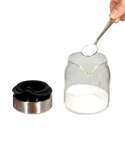 J&M DESIGN Sugar Bowl With Lid And Spoon Creamer & Dispenser Bowls Set For Kitchen Countertop Coffee Bar Accessories Containers Glass Milk Carton 7oz Holder Sugar Container Jar Stainless Steel Lid