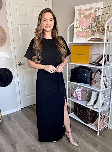 Happy Sailed Womens Batwing Sleeve Tie Waist Long Maxi Dress Side Split Formal Party Dresses Evening Gown Black X-Large