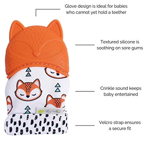 Itzy Ritzy Silicone Teething Mitt - Soothing Infant Teething Mitten with Adjustable Strap, Crinkle Sound & Textured Silicone to Soothe Sore & Swollen Gums - Baby Teething Toy For 3 Mos & Up, Fox