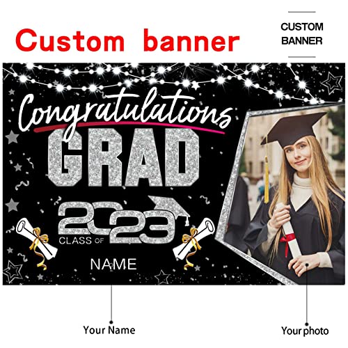 Custom Graduation Party Decorations 2023-Personalization Congratulations Graduation Banner-Class of 2023 Graduation Decorations Supplies(Black and Silver)