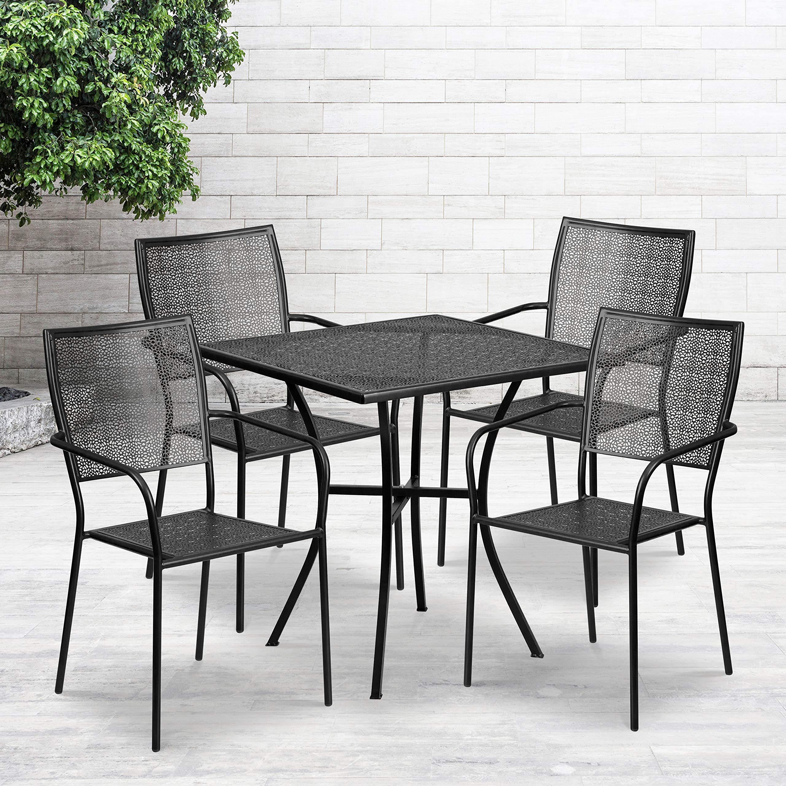 Flash Furniture Oia Commercial Grade 35.5" Square Black Indoor-Outdoor Steel Patio Table Set with 4 Square Back Chairs